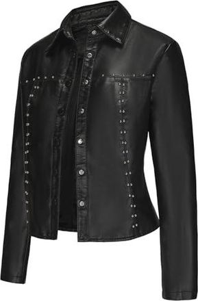 Generic Veste en similicuir pour femme - Coupe ajust&eacute;e - Col &agrave; revers en polyur&eacute;thane - Tenue de motard - Printemps 2026, Noir, S