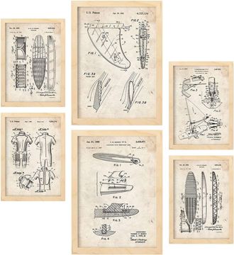 Nacnic Set von 6 Plakaten mit Surfen Patenten. Plakate mit Retro-Patentabbildungen. Inneneinrichtung im Vintage-Stil. Grösse A4 und A3. Mit Rahmen