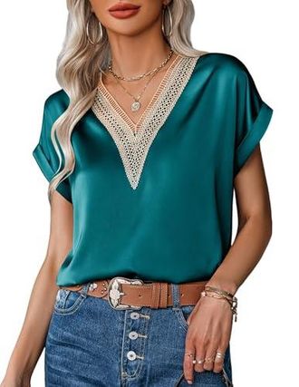 Zeagoo Chemisier Blouse Femme Chic et &Eacute;l&eacute;gant Chemise d &eacute;t&eacute; Haut D&eacute;contract&eacute; Ample Manche Courte Tshirt Turquoise L