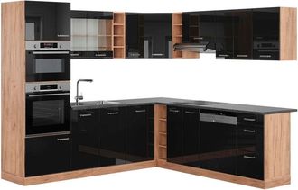 Vicco Eckküche R-Line, Schwarz Hochglanz/Goldkraft Eiche, 237 x 247 cm, AP Anthrazit