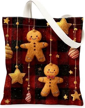 Generic Sacs fourre-tout en toile de pain d&eacute;pices, sacs de courses r&eacute;utilisables, motif festif, No&euml;l rustique, l&eacute;ger, lavable, Rouge, 13x15 Inch