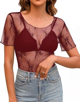 Minetom Femme Dentelle Mesh Elastique T-Shirt Été Moulant Manches Courtes Transparente Blouse Slim Fit Club Chemise Hauts Tops A Rouge M