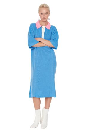 Trendyol Damen Square Collar Slit Knitwear Dress Kleid, Blau, S EU