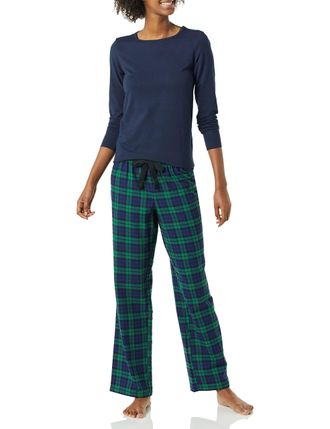 Amazon Essentials Damen Schlaf-Set leichte Flanellhose und langärmeliges-T-Shirt, Blackwatch Plaid, XS
