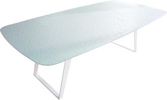 DELIFE Esszimmertisch Edge Boot 240x120 cm Reliefglas Perlmutt 3D-Design Metall Schr&auml;g Wei&szlig;