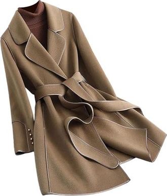 Generic Wool Winter Coats for Women Classic Trench Coat Lapel Collar Open Front Belted Long Jacket Winter Warm Outwear Khaki Large