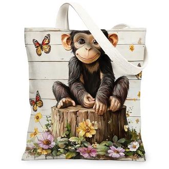 Generic Sac fourre-tout en toile de singe printanier pour faire du shopping, 33 x 38,1 cm, souche en bois floral, sac d&eacute;picerie r&eacute;utilisable pour femme, peint