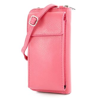 modamoda.de P06 Damen Leder Umh&auml;ngetasche Geldb&ouml;rse Handytasche 6,5 Zoll handmade in Italy, Farbe:Bubble Gum