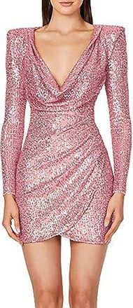 Generic Robe fran&ccedil;aise &agrave; manches longues avec col en V et paillettes pour femme, rose, XXL