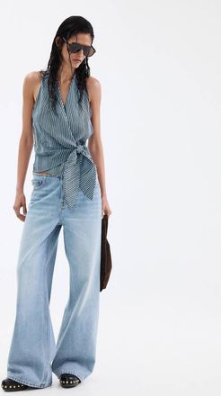 Mango Gekreuzte Bluse mit Streifen und Schleife blau - Damen - XL - MANGO