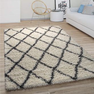 Paco Home Hochflor Teppich Wohnzimmer Schlafzimmer Boho Skandinavisch Shaggy Modern Rautenmuster, Gr&ouml;sse:60x100 cm, Farbe:Creme 4