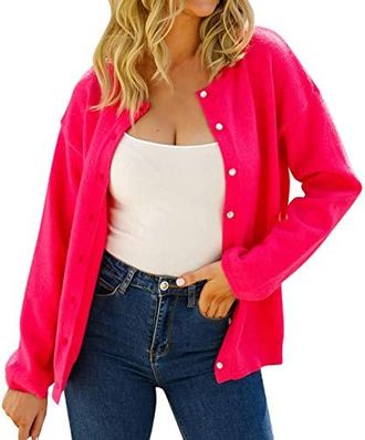 Generic 2026 Vestes pour femmes d&eacute;contract&eacute;es boutonn&eacute;es col en V &agrave; manches longues pull tendance solide cardigan veste, rose vif, M