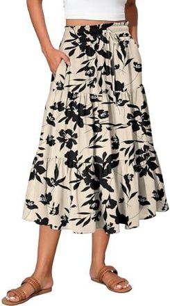 Generic Jupes Femme Boheme Chic et Elegant Jupe Madame Mi Longue Fluide Fleurie Robe Poche Ceinture Haute à Lacets