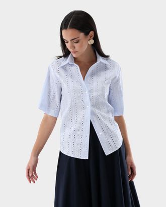van Laack Kurzarm Hemdbluse gestreift mit Lochstickerei
