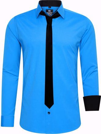 Rusty Neal Herren-Hemd Premium Slim Fit Langarm Stretch Kontrast Hemd mit Krawatte Business-Hemden Outfit Freizeithemd Set 44_99, Gr&ouml;&szlig;e:S, Farbe:Petrol