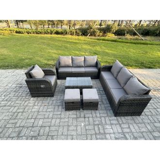Fimous 9-Sitzer Rattan Lounge Sofa Set Gartenm&ouml;bel-Set mit Rechteckiger Couchtisch 3-Sitzer Sofa 2 kleine Fu&szlig;hockern Dunkelgrau Gemischt - Fimous