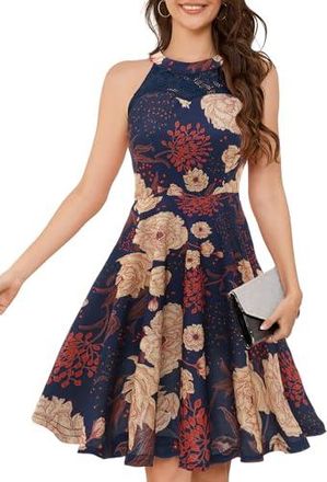 Bbonlinedress Robe de Soirée Cocktail Femme Courte Lingne A Halter Vintage pour Fête Bal Guinguette Anniversaire Mariage invité Navy Yellow Flower 3XL