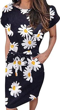 Generic Robes amincissantes &agrave; manches courtes pour femmes, robe tournesol avec poche nou&eacute;e sur le devant, col rond, mini design fin d&eacute;contract&eacute; 2026, Noir, XX