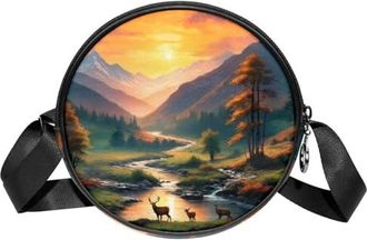 Generic Sac &agrave; bandouli&egrave;re Circle pour femme, petit sac &agrave; bandouli&egrave;re Art Mountain Deer avec fermeture &eacute;clair, bretelles r&eacute;glables, sac &agrave; main rond d&eacute;contract&eacute;