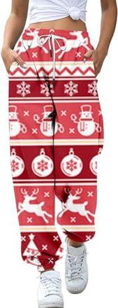 Generic Pantalon de Noël en coton avec poches pour femme, pantalon ample à jambe droite pour femme, pantalon à revers taille élastique, pantalon baggy surdime