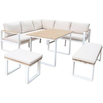 Sweeek Gartenlounge-Set f&uuml;r 8 Personen aus Akazienholz und Aluminium Wei&szlig; / Beige