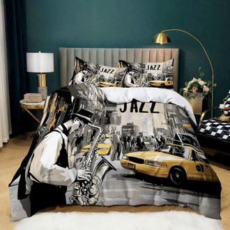 Generic Musik Saxophon Bettw&auml;sche 135x200 New Yorker Street-Jazz-Band Bettbezug Druck Bettw&auml;sche 3 Teilig, Weiche Gem&uuml;tlich Mikrofaser Bettw&auml;sche Set mit Rei&szlig;