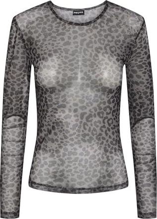 Pieces Pcninni Ls Mesh Noos BC Top pour Femme, Noir/imprim&eacute; l&eacute;opard, S