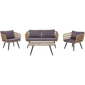 Beliani Salon de Jardin Banquette Table Basse et 2 Fauteuils en Rotin Beige avec Coussins Gris Fonc&eacute; Style Boho Naturel pour Ext&eacute;rieur Tendance Beliani
