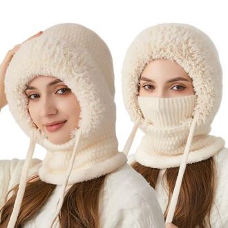 Generic Bonnet 3 en 1 avec &eacute;charpe et masque, bonnet 3 en 1 pour femme, &eacute;charpe de ski tricot&eacute;e et masque, cagoule, beige, Taille unique