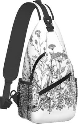 Generic Sacoche Homme Bandouliere Fleurs noires et blanches Polyester Sac De Poitrine L&eacute;ger Crossbody Bag pour Camping Randonn&eacute;e Cyclisme