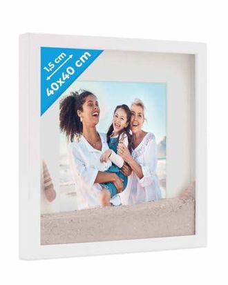 Photolini Cadre photo 3D à remplir 40 x 40 cm blanc, cadre boîte profond avec passe-partout, pour objets jusquà 1,5 cm, bois MDF, verre - pour les loisirs créat