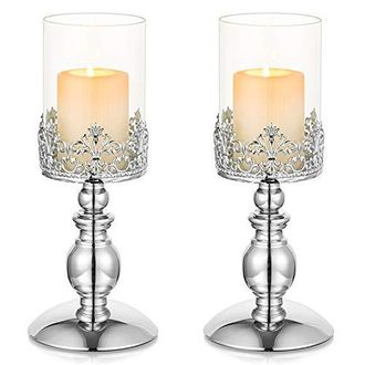 Nuptio 2 Pi&egrave;ces Argent Bougeoirs pour Bougies Pilier, Porte Bougie en Verre Ouragan Cadeaux D&eacute;coration Chambre &Agrave; la Maison, Centres de Table Bougie 26cm Haut