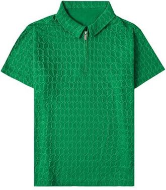 Generic Polo en tricot jacquard pour homme avec fermeture &eacute;clair 1/4 - Manches courtes - Col &agrave; revers - Pull uni surdimensionn&eacute; - Confortable - Respirant et d