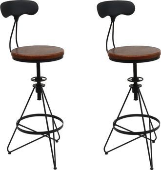 Mendler 2er-Set Barhocker HWC-N18, Barstuhl, h&ouml;henverstellbar drehbar Fu&szlig;ablage, Industrial Metall Holz - braun, Gestell schwarz