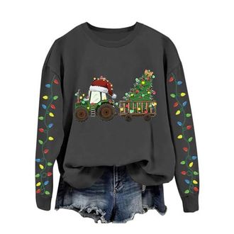Generic Sweat-shirt de No&euml;l pour femme avec imprim&eacute; sapin de No&euml;l et col rond - Cardigan tendance &agrave; manches longues, gris fonc&eacute;, XXL