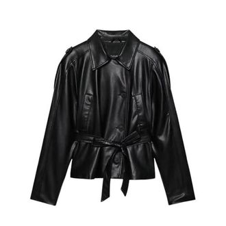 Generic Veste courte en cuir synth&eacute;tique pour femme avec poche de ceinture, solide, manches longues, manteau dautomne d&eacute;contract&eacute;, 1, XS