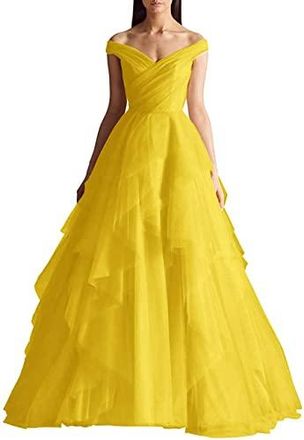 NA Robe de soirée formelle en tulle bouffante avec col en V profond et épaules dénudées, longueur au sol, robe de princesse pour femme, jaune moutarde, 4