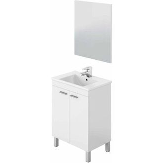 PEGANE Pegane - Meuble sous vasque 60 cm avec 2 portes et miroir blanc brillant - H80 x L60 x P45 cm - Panneau agglom&eacute;r&eacute; haute densit&eacute; certifi&eacute; PEFC