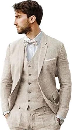 Generic Costume de smoking 3 pièces en lin pour homme - Coupe ajustée - Pour mariage, bal de fin dannée, marié, beige, XXL