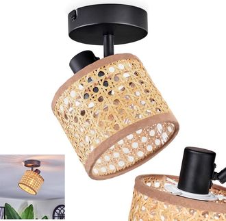 HOFSTEIN Deckenleuchte Barcos, Deckenlampe aus Metall/Rattan/Wienergeflecht/Stoff in Schwarz/Natur/Braun, verstellbare Leuchte im modernen Boho-Design, E14, Es