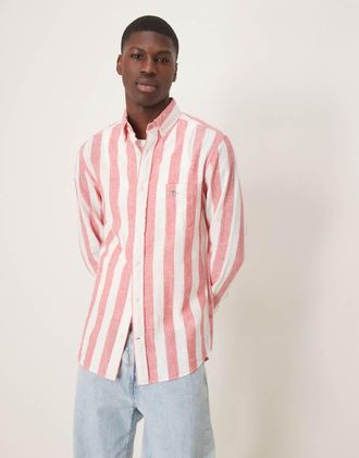 GANT Chemise en lin et coton à rayures larges et écusson logo - Rouge brique