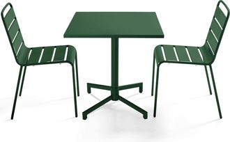 Oviala Palavas Set Tisch 70 cm und 2 Gartenst&uuml;hle aus Metall, Waldgr&uuml;n