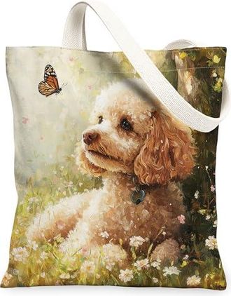 Generic Sac fourre-tout en toile motif caniche printanier 33 x 38,1 cm, sac d&eacute;picerie r&eacute;utilisable pour femme, animal de compagnie, peinture, d&eacute;coration cadea