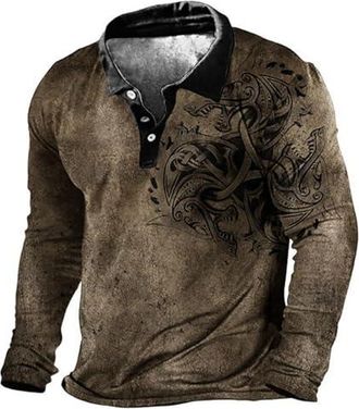 Keephen Polo &agrave; Boutons &agrave; Manches Longues pour Hommes Sweatshirts Vintage &agrave; Motif de Totem Viking imprim&eacute; en 3D Tops Polo &agrave; Manches Longues pour Hommes daffair