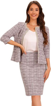 Allegra K Damen 2 St&uuml;ck Tweed Rock Set Anzug 3/4 &Auml;rmel Jacke Bleistiftrock Elegant Business Anz&uuml;ge f&uuml;r Frauen, Pink, Mittel