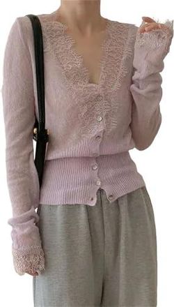 Generic Cardigan vintage en dentelle tricot&eacute;e pour femme, col en V, style cor&eacute;en, Violet, taille unique