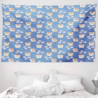 Abakuhaus Katze Wandteppich, Sich wiederholende Maneki-Neko-Motive Japanisch inspiriert, aus Weiches Mikrofaser Stoff Wand Dekoration F&uuml;r Schlafzimmer, 230 x 14