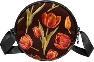 Generic Sac &agrave; bandouli&egrave;re rond pour femme, petit sac &agrave; bandouli&egrave;re rouge tulipes avec fermeture &eacute;clair, bretelles r&eacute;glables, sac &agrave; main rond d&eacute;contract&eacute; pour 