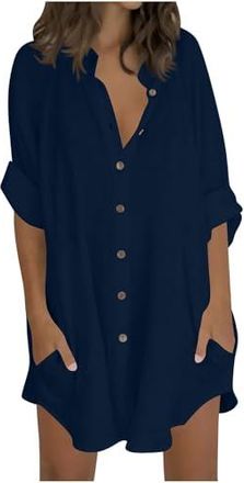 Generic Chemise longue d&eacute;contract&eacute;e &agrave; manches 3/4 pour femme - Col montant - Avec poche - L&eacute;g&egrave;re - En coton et lin - Pour l&eacute;t&eacute; - Grande taille - 22/24, bleu m