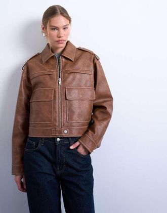 Topshop Kunstleder-Jacke in verwaschenem Braun mit Rei&szlig;verschluss-Brown
